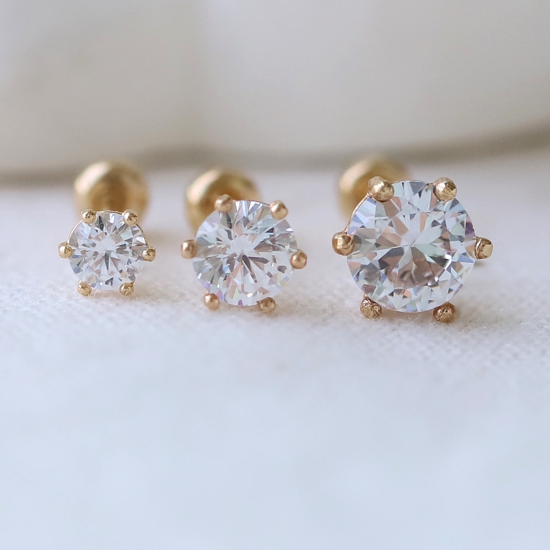 20g Delicate 14K Gold Lab Diamond Screw Back Earrings,tragus,hypoallergenic Earrings,dainty Stud ...