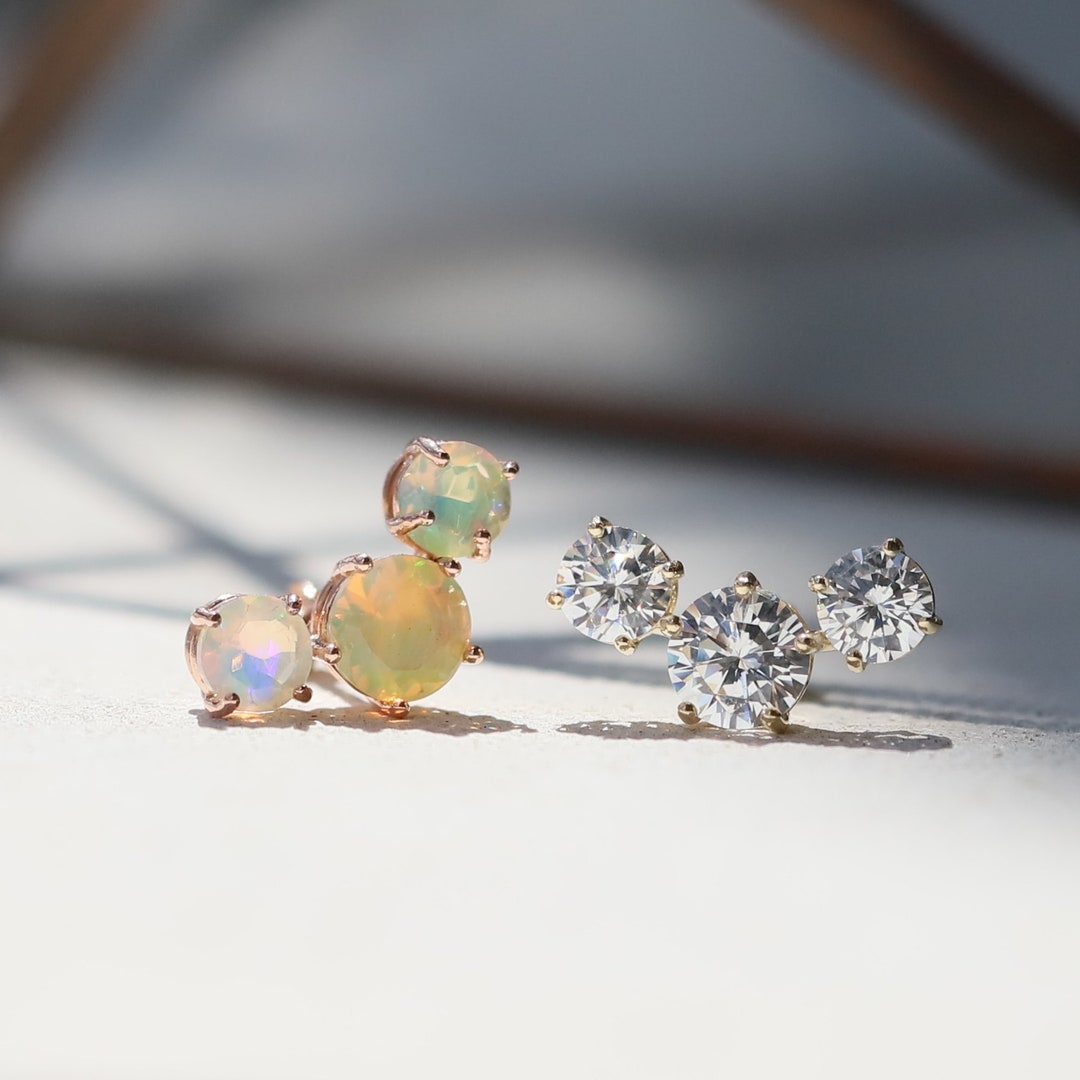 Three Stones Earring,october Birthstone,14k Gold Rainbow Opal Earrings ...