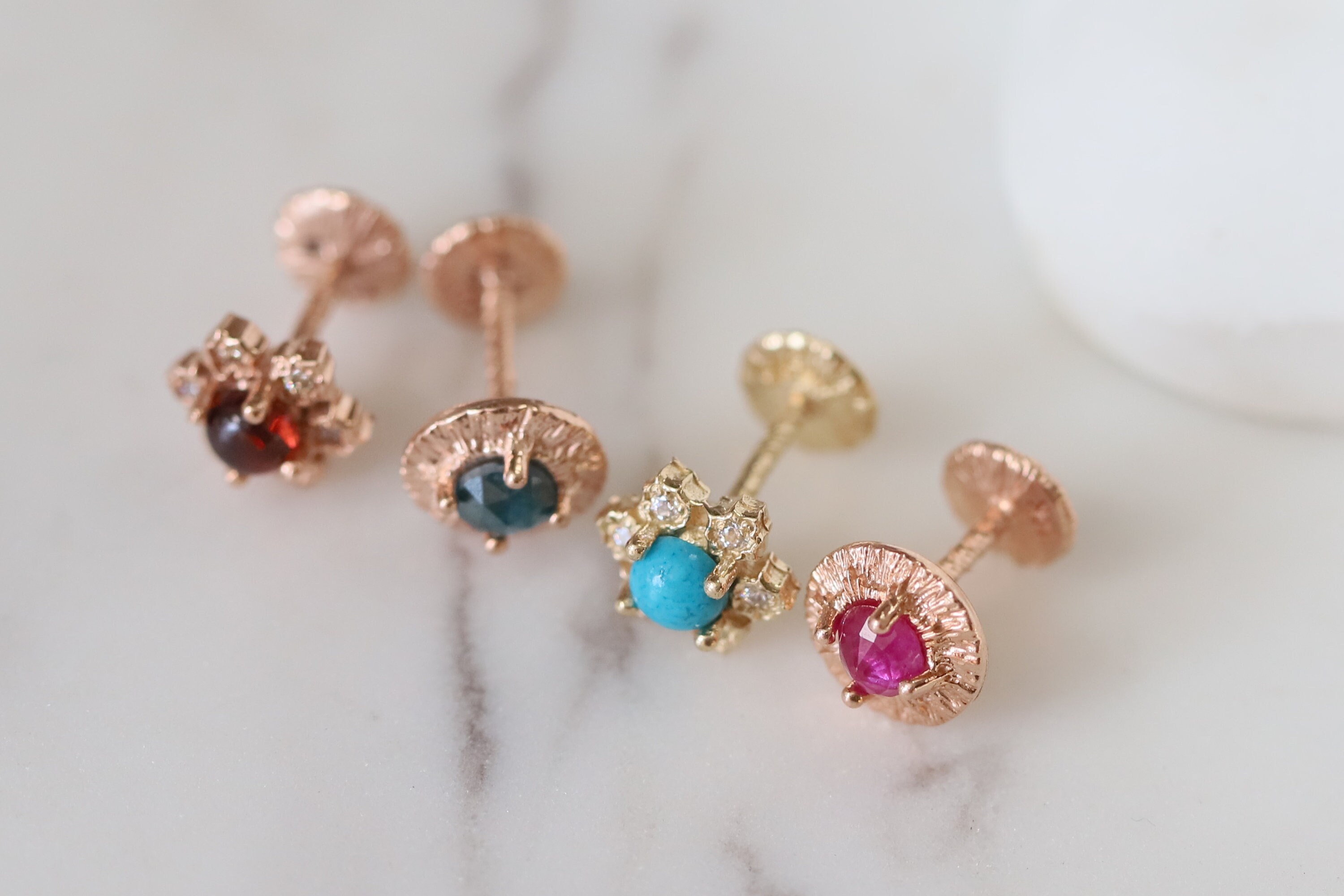 18g Delicate 14K Birthstone Labret Piercing, 14K Gold Flat Back Earring ...