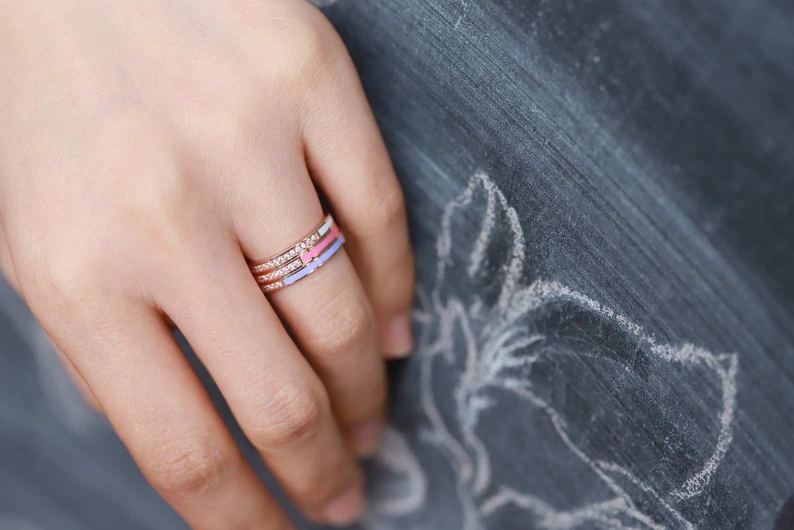 Tow Way Enamel & Cubic14k Gold Stacking Ringthin Solid Gold - Etsy