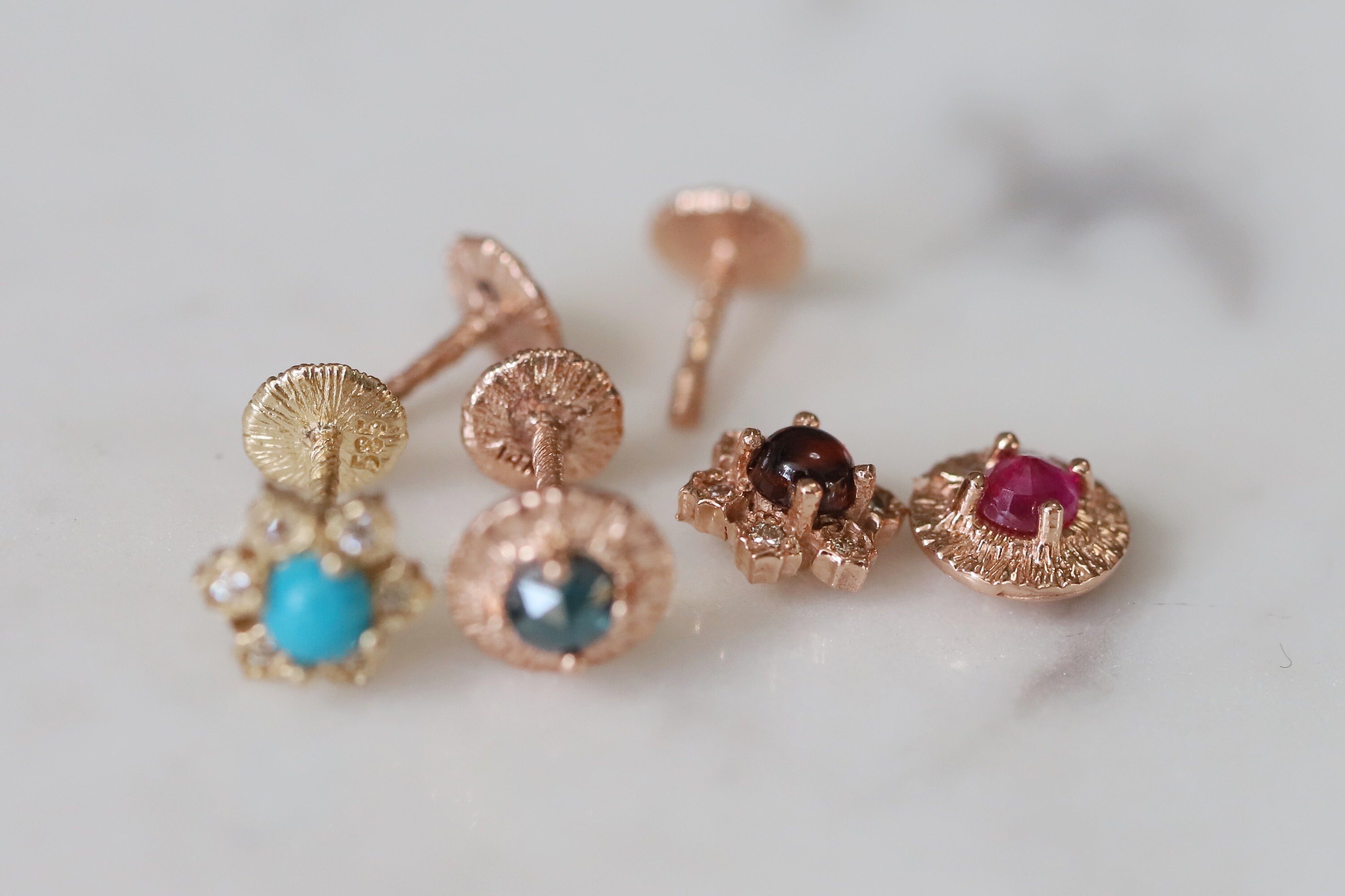 18g Delicate 14K Birthstone Labret Piercing, 14K Gold Flat Back Earring ...