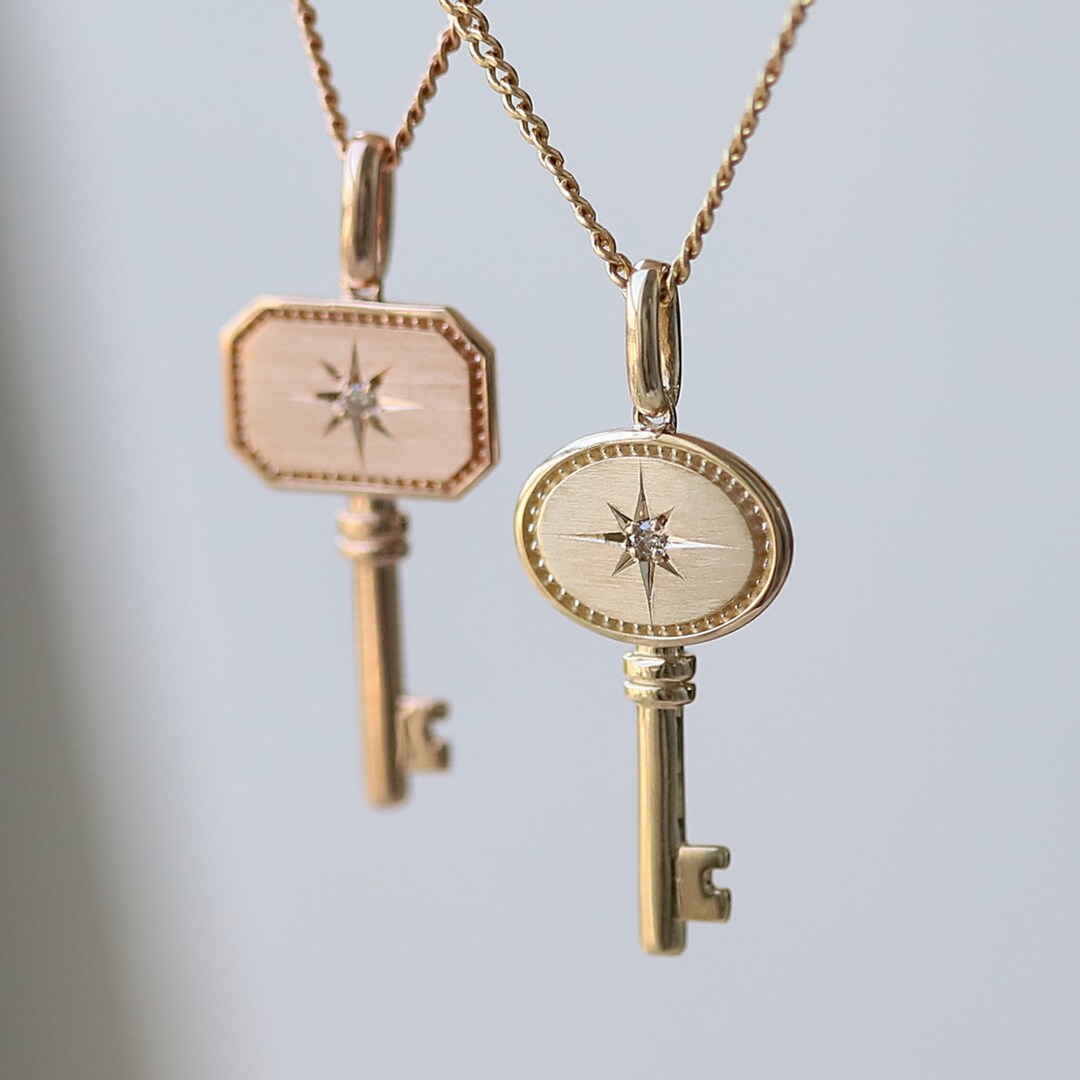 Delicate Key Pendant Solid 14k Gold Natural Cognac Diamond Key Pendant ...