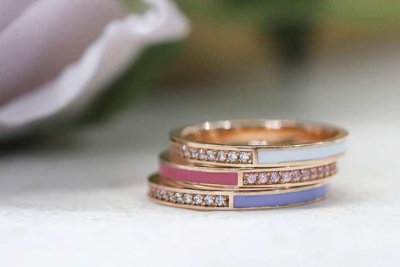 Tow Way Enamel & Cubic14k Gold Stacking Ringthin Solid Gold - Etsy