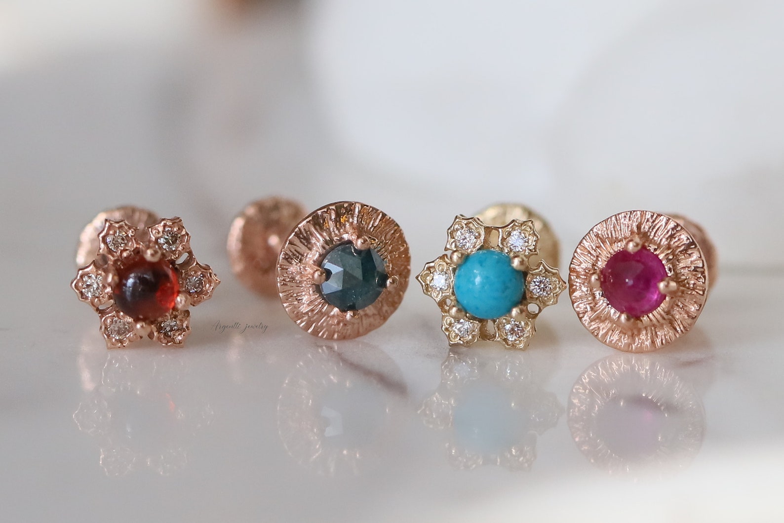 18g Delicate 14K Birthstone Labret Piercing, 14K Gold Flat Back Earring ...