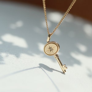 Delicate Key Pendant Solid 14k Gold Natural Cognac Diamond Key Pendant ...