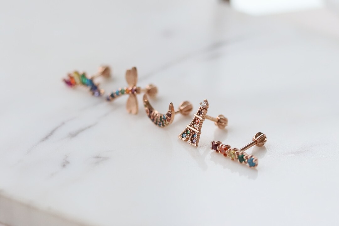 16 Gauge Solid Gold Rainbow Piercing,helix Piercing,cartilage,tragus ...
