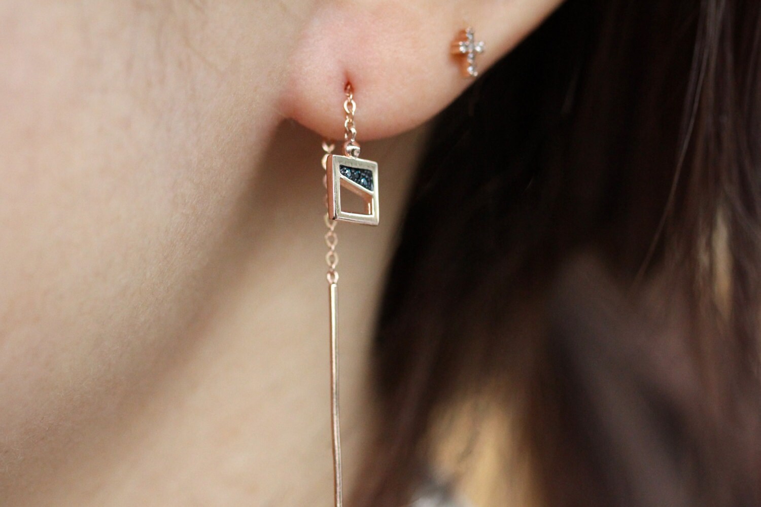 14K Gold Open Square Earringschain Earringsgeometric | Etsy