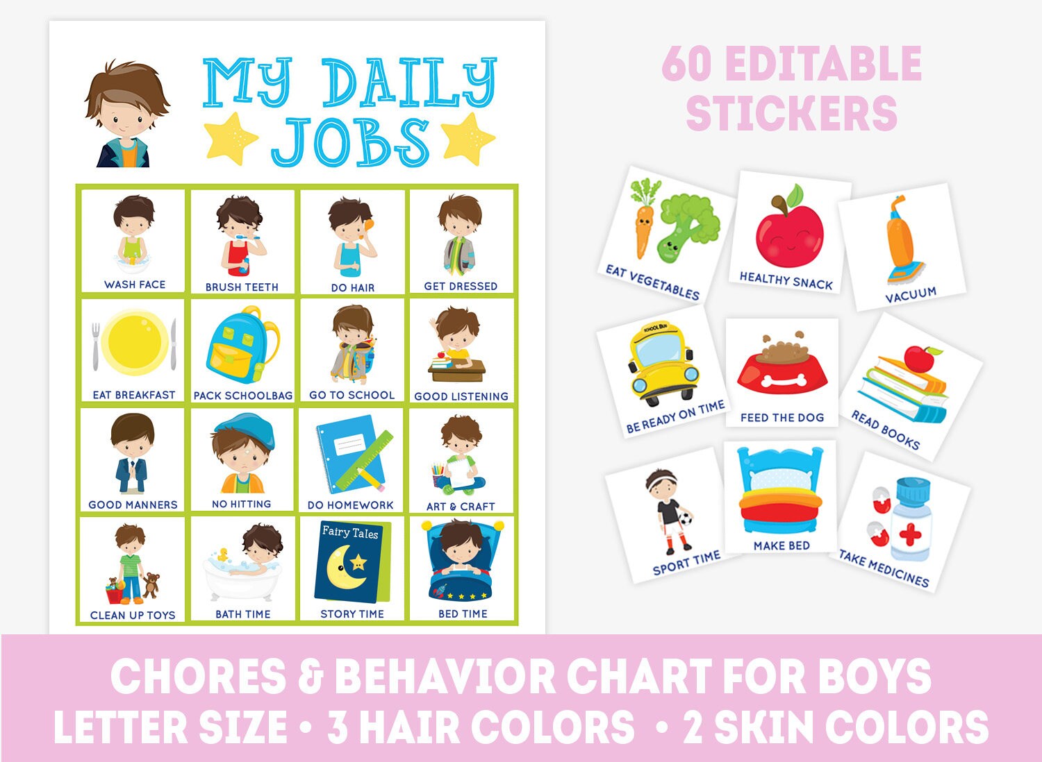 Editable chore chart for boys 60 stickers toddler | Etsy