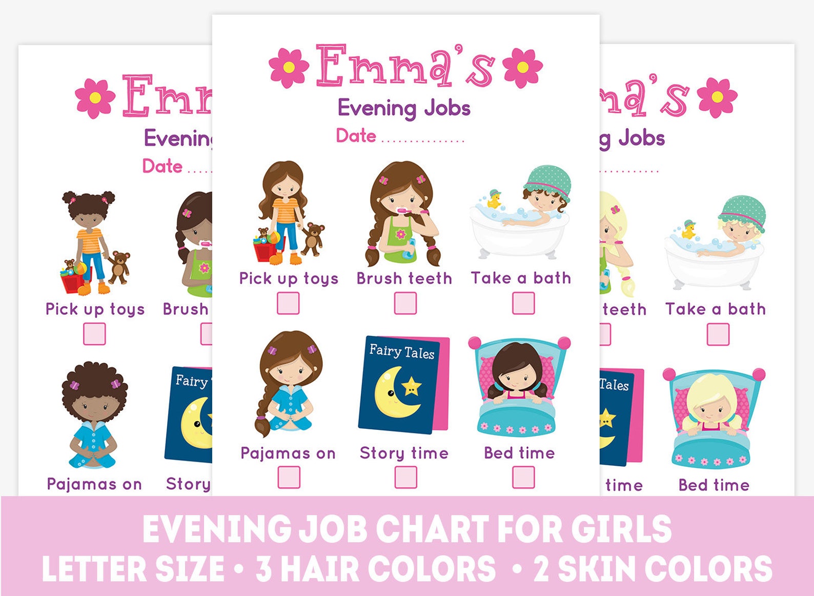 Bedtime chore chart girl evening routine printable reward | Etsy