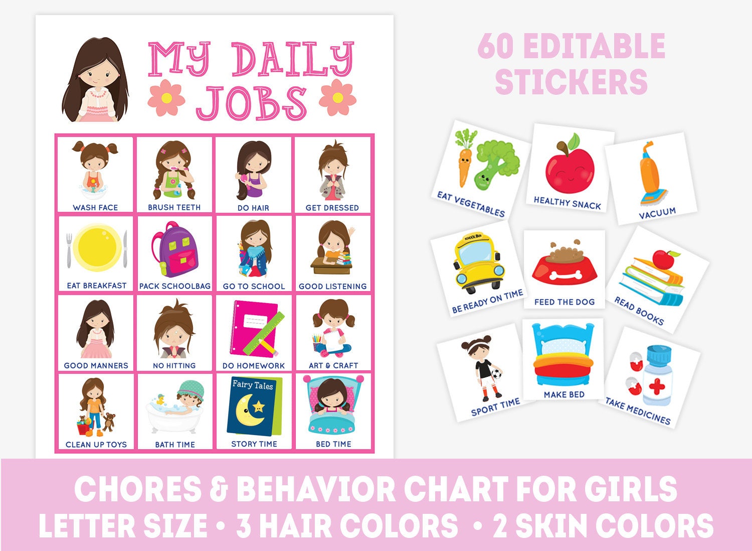 Printable chore chart for girls 60 editable stickers daily | Etsy