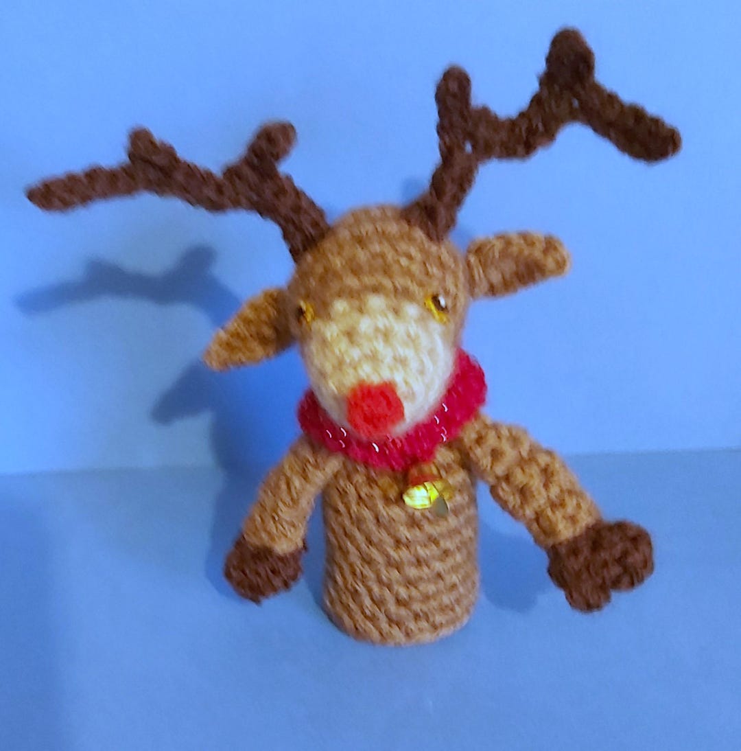 Red Nosed Reindeer Finger Puppet. Hand Crocheted in UK. With Collar and ...