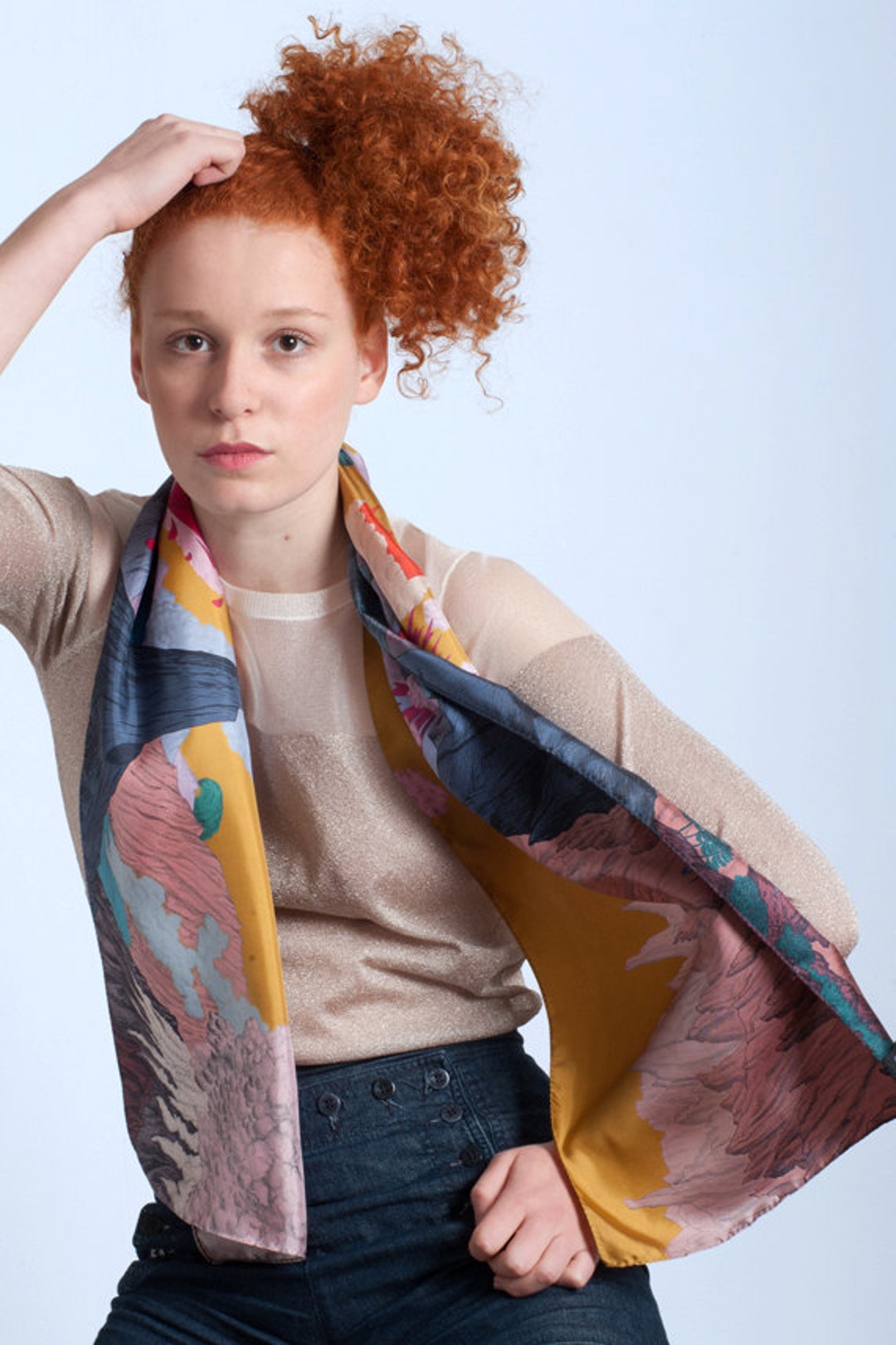 Silk Scarf, Spectacular Volcanoes and Smokes Landscape, Gold Sky, Hand ...