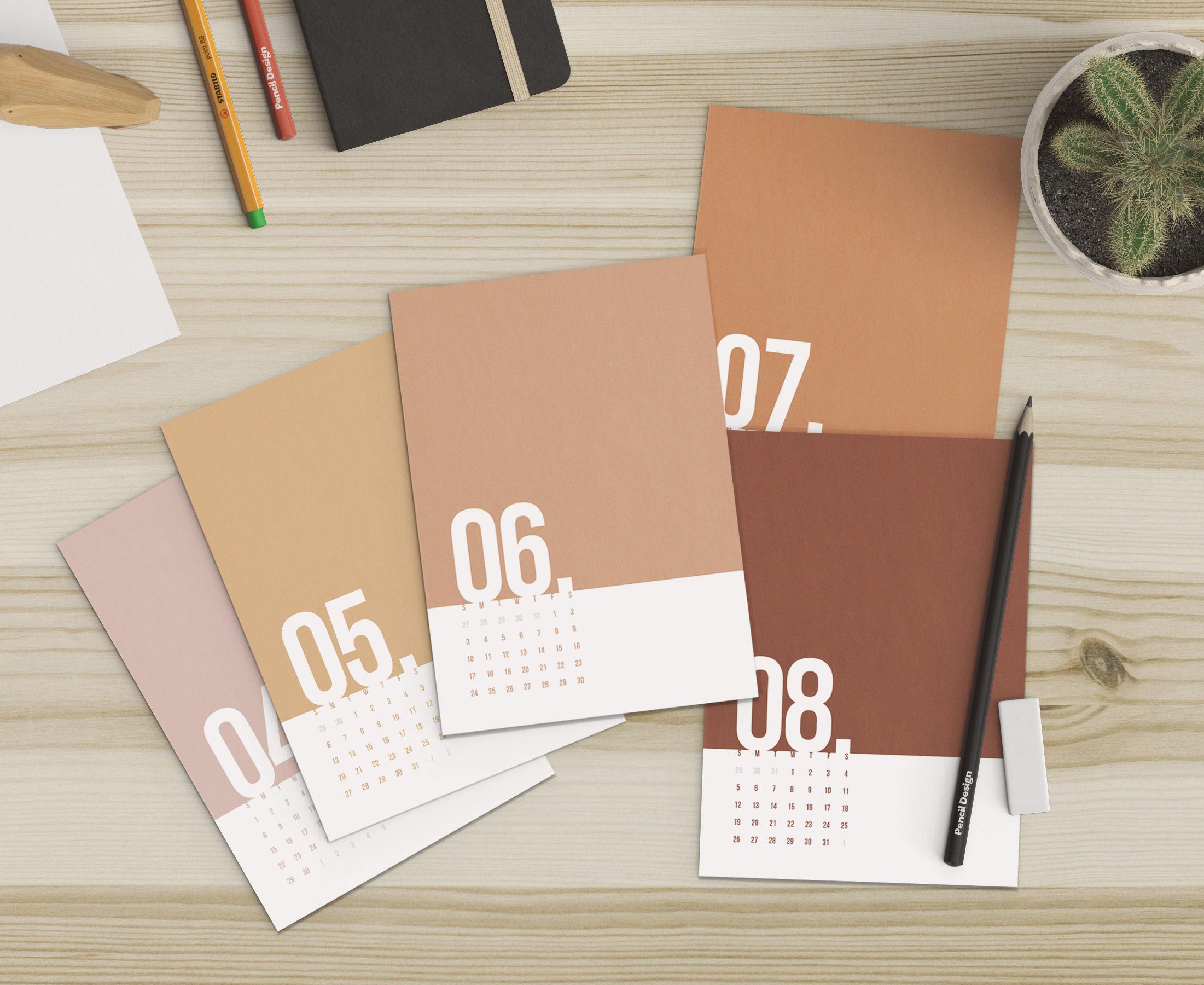 Mini-Kalender 2024, Postkarten, 12 Monate, Rosa, Braun, Pantone-Farben ...