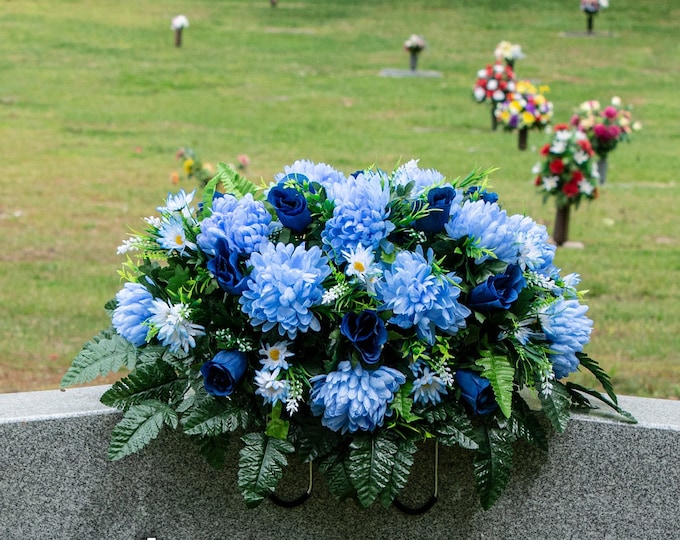 Light Blue Mum and Blue Rose Rose Artificial Cemetery Saddle - Fathers ...