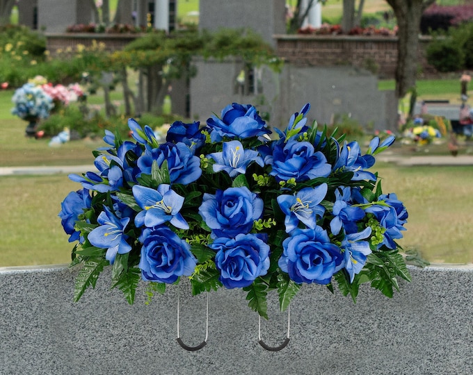 Blue Rose and Lily Mix Cemetery Saddle - Fathers Day Cemetery Flower ...