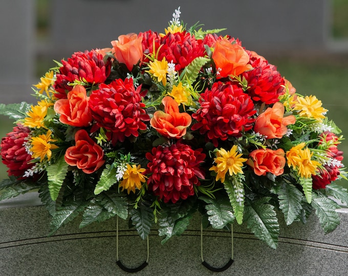 A Fall Headstone Saddle With Yellow Sunflowers & Orange Mums. Autumn ...