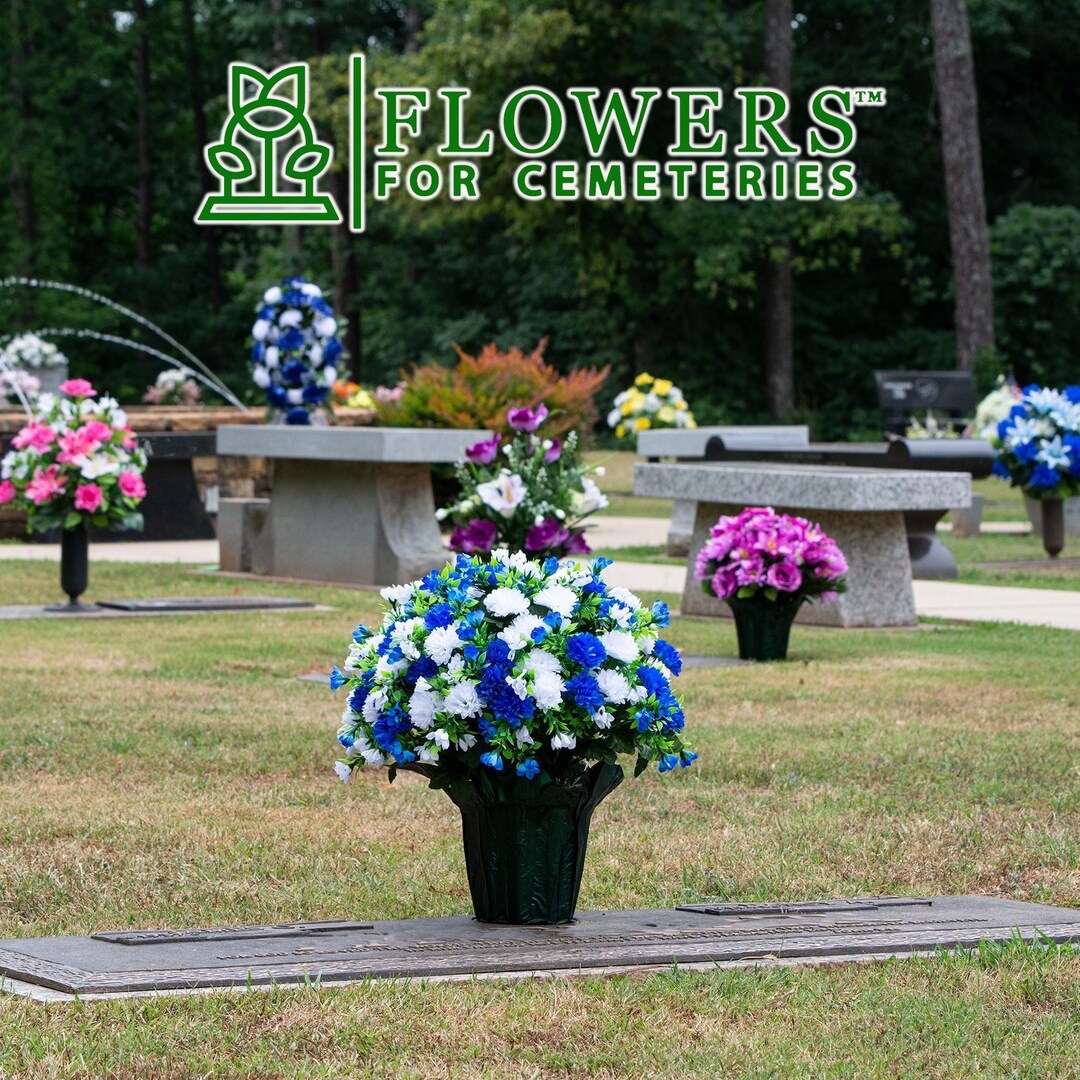 Artificial Garden Mum Plant in Green Flower Pot Blue and White Garden ...