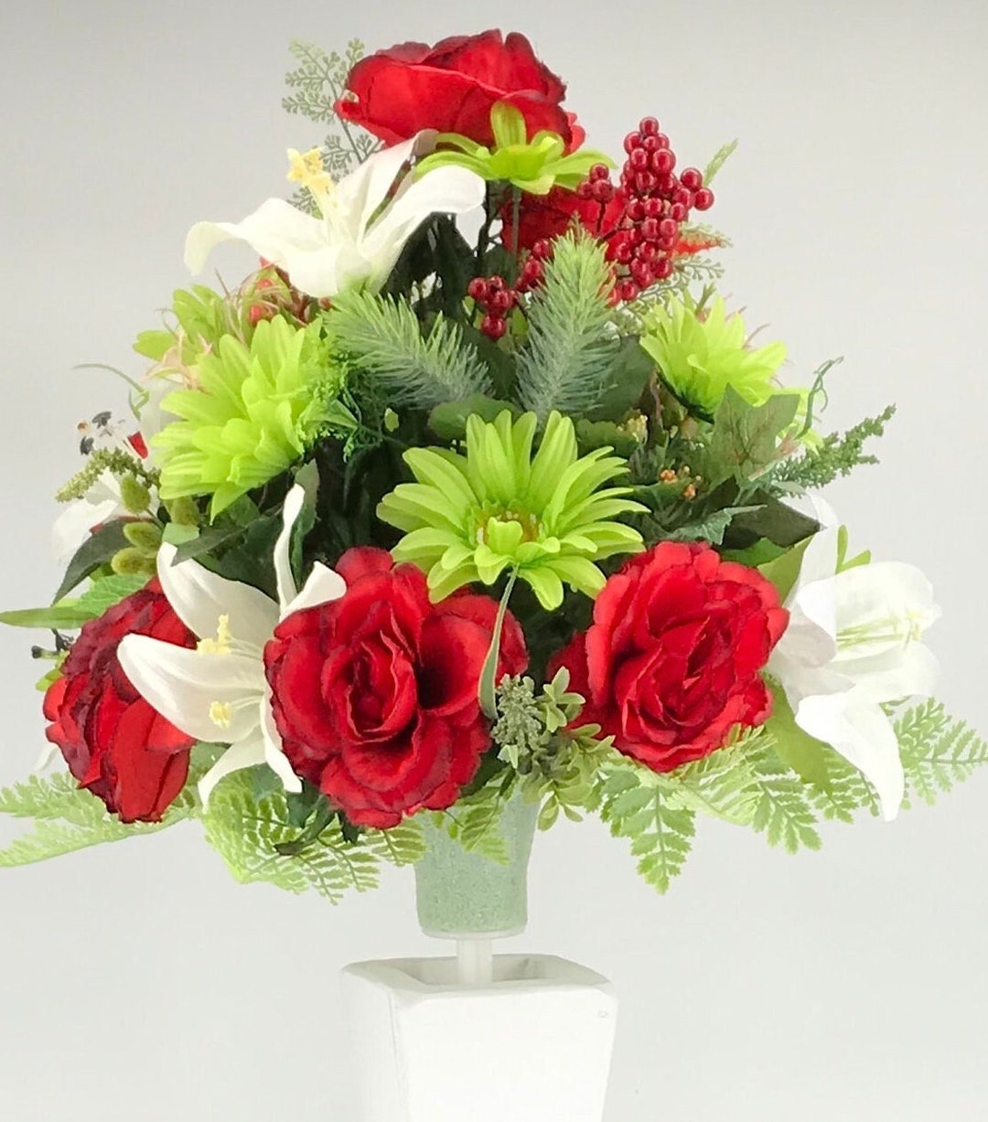 Red, White and Green Silk Flower Arrangement for Cemetery Vase - Deluxe ...