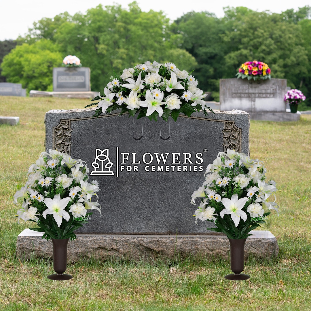 Easter Cemetery Saddle and 2 Flower Arrangements - off White Carnation ...