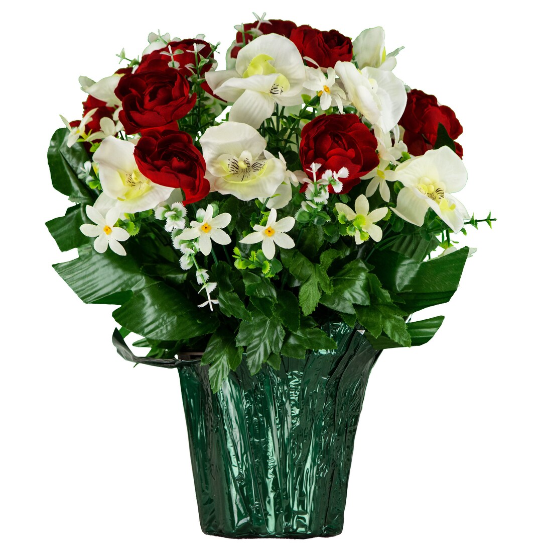Artificial Garden Red Cabbage Rose & White Orchid Plant in Green Flower ...