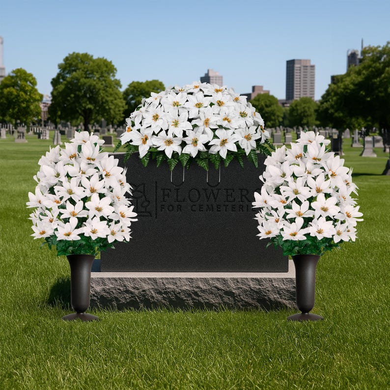 White Poinsettia Artificial Cemetery Saddle and 2 Matching Flower ...