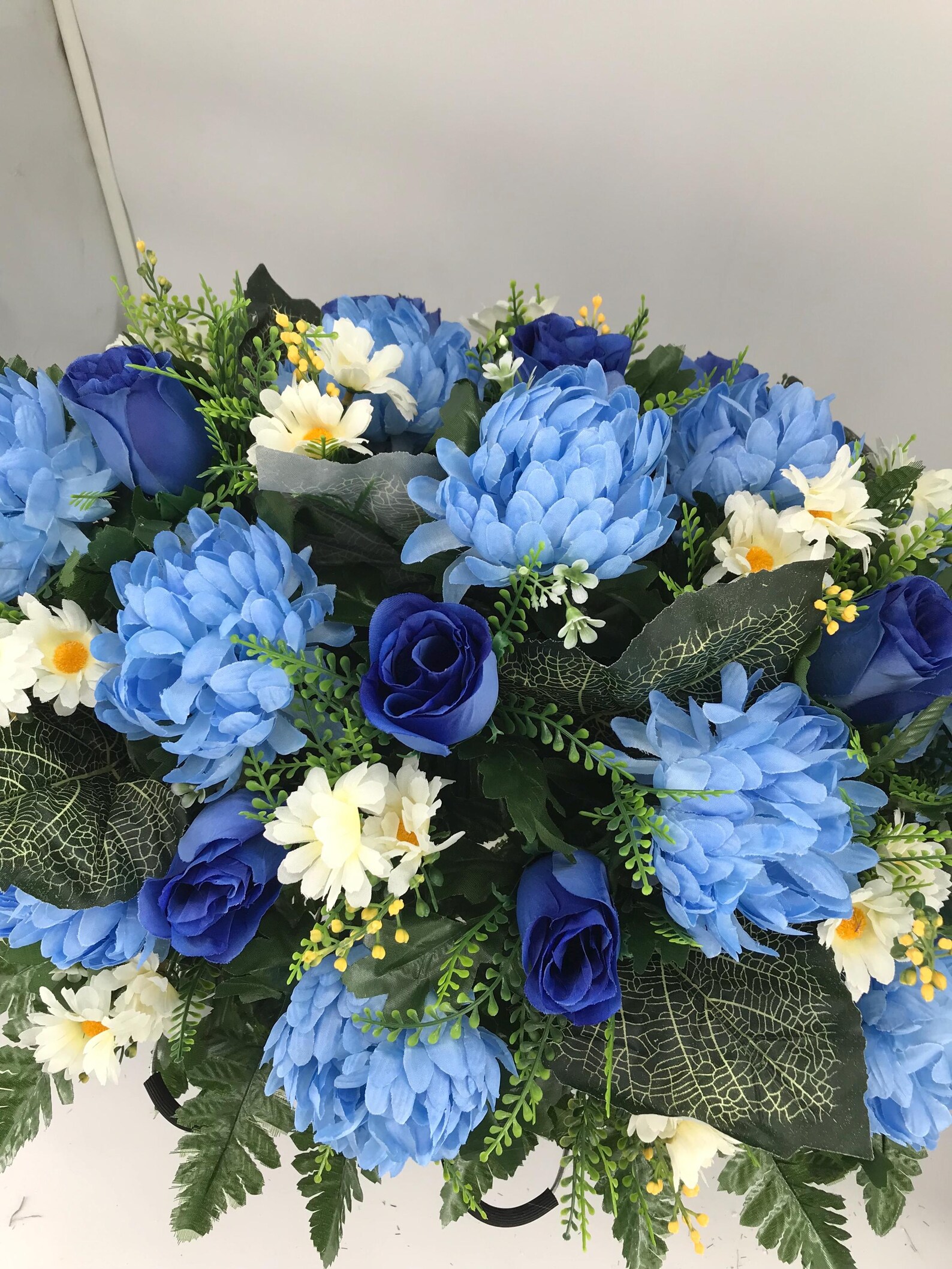 Blue Mums and Roses Cemetery Saddle - Dark & Light Blue Flower ...