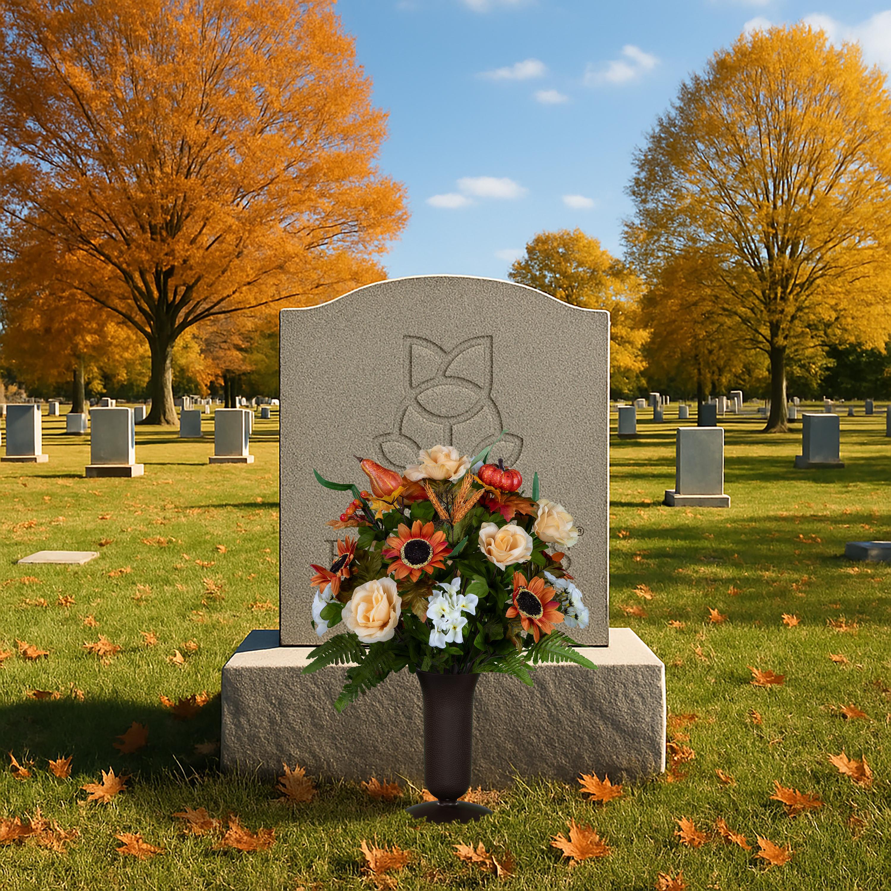 Fall Cemetery Vase Arrangement With Sunflowers, Pumpkins, Roses, and ...