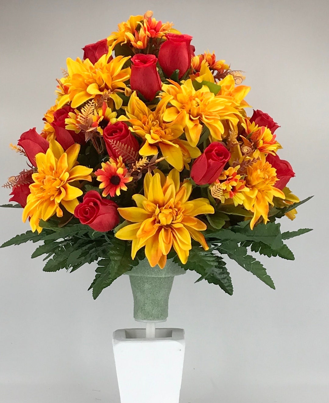 Yellow, and Red Silk Flower Arrangement for Cemetery Vase - Deluxe ...