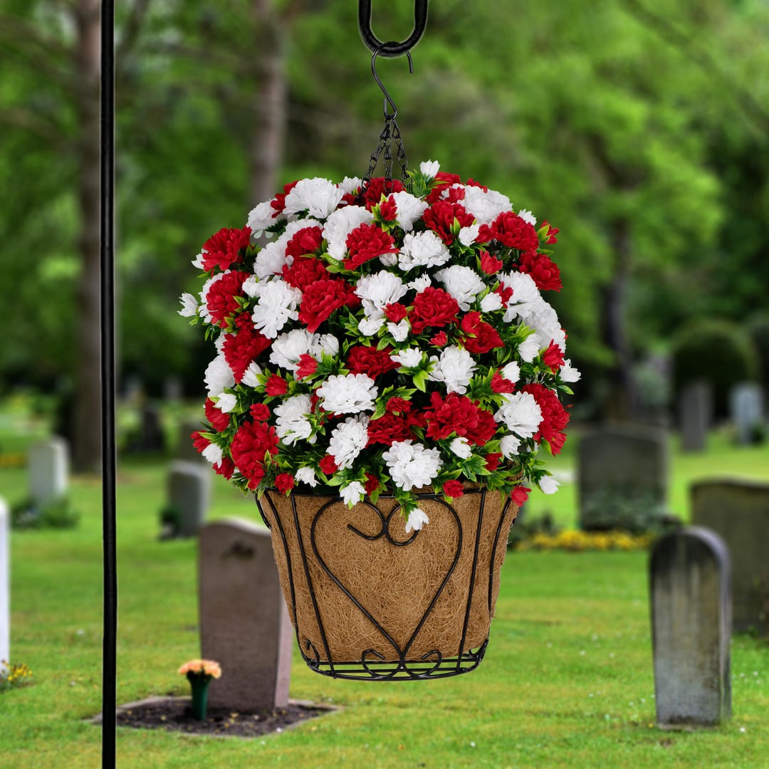 Hanging Basket for Cemetery - Artificial Red and White Mums Floral ...