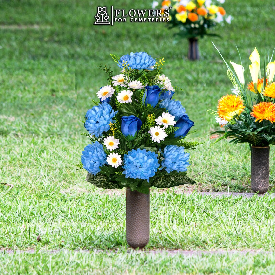 Blue Mums and Roses Cemetery Arrangement for Vase - Blue Fathers Day ...