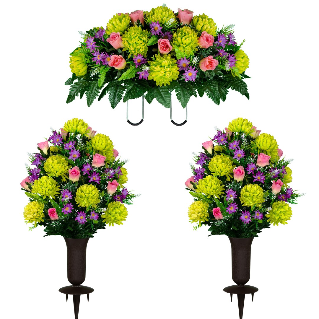Spring Lime Green Mums and Pink Roses Cemetery Saddle and Flower Set ...