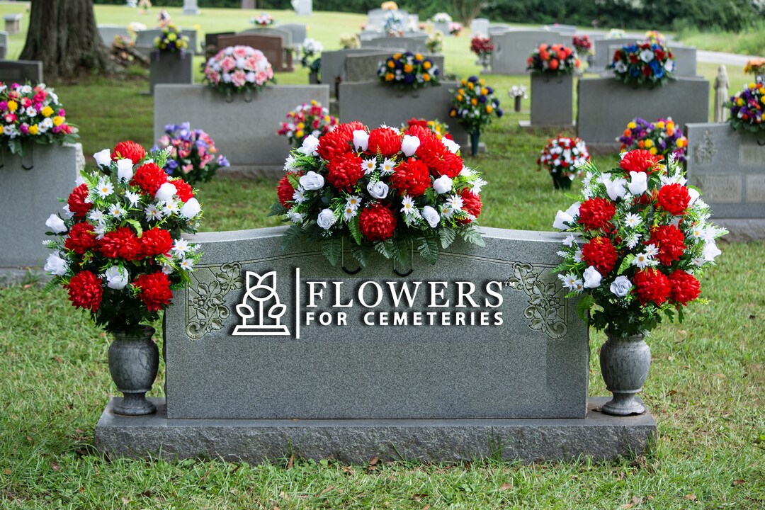 Red Mum & White Rose Cemetery Saddle and Vase Flower Set - Etsy