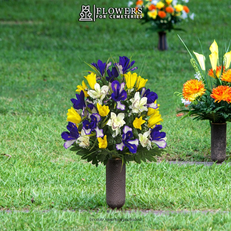Yellow Tulips and Purple Iris Cemetery Arrangement for Vase - Spring ...