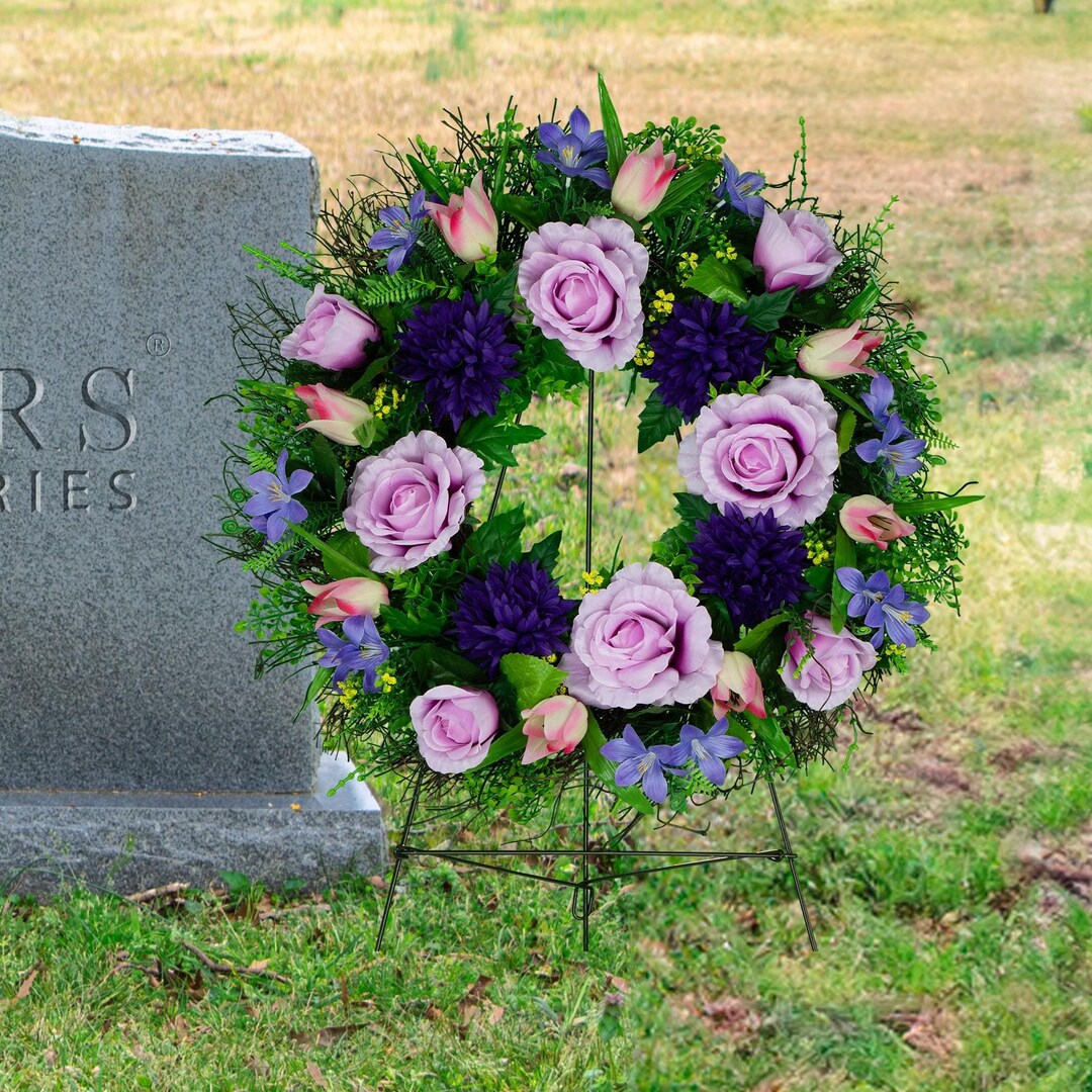 Funeral or Cemetery Wreath - Purple and Pink Floral Grapevine Wreath ...