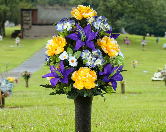 Purple Lily and Yellow Peony Cemetery Arrangement for Vase - Spring ...