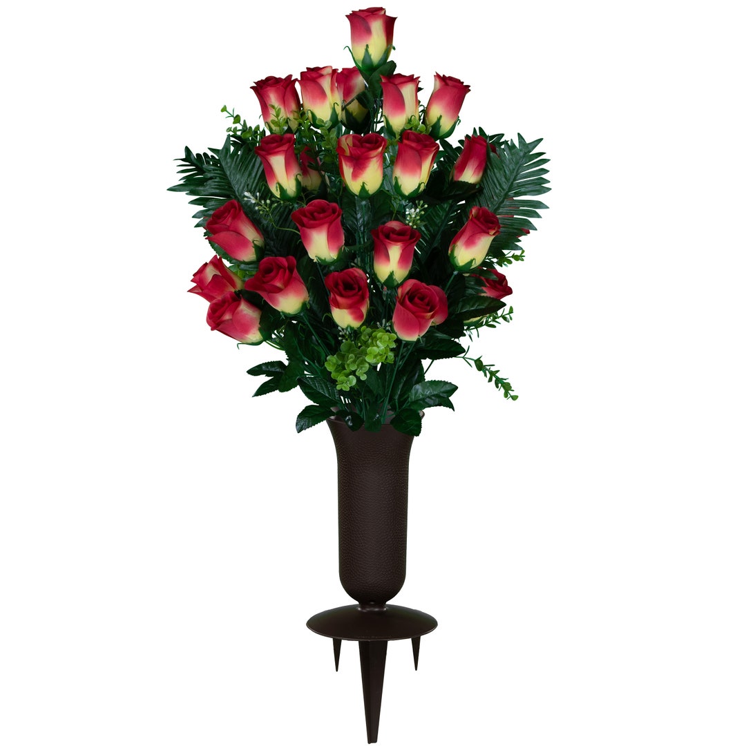 Two Tone Red Roses With Palm Leaves Cemetery Flowers With Vase ...