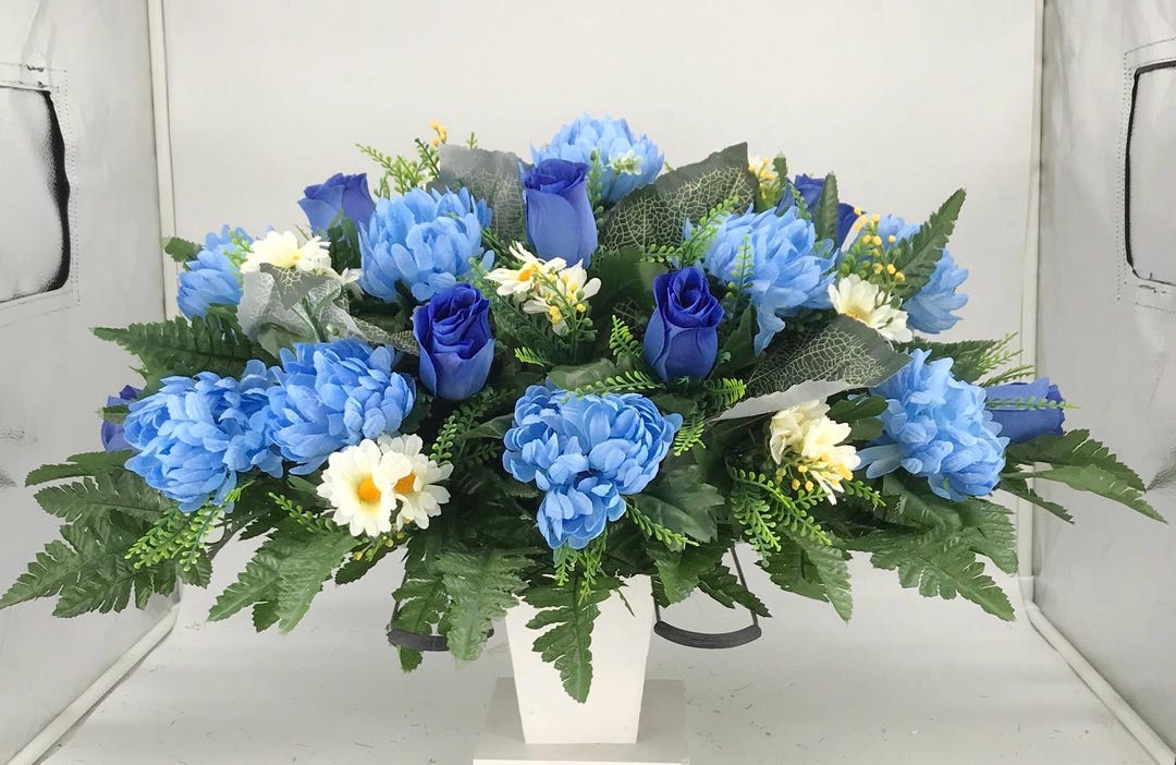 Blue Mums and Roses Cemetery Saddle - Dark & Light Blue Flower ...