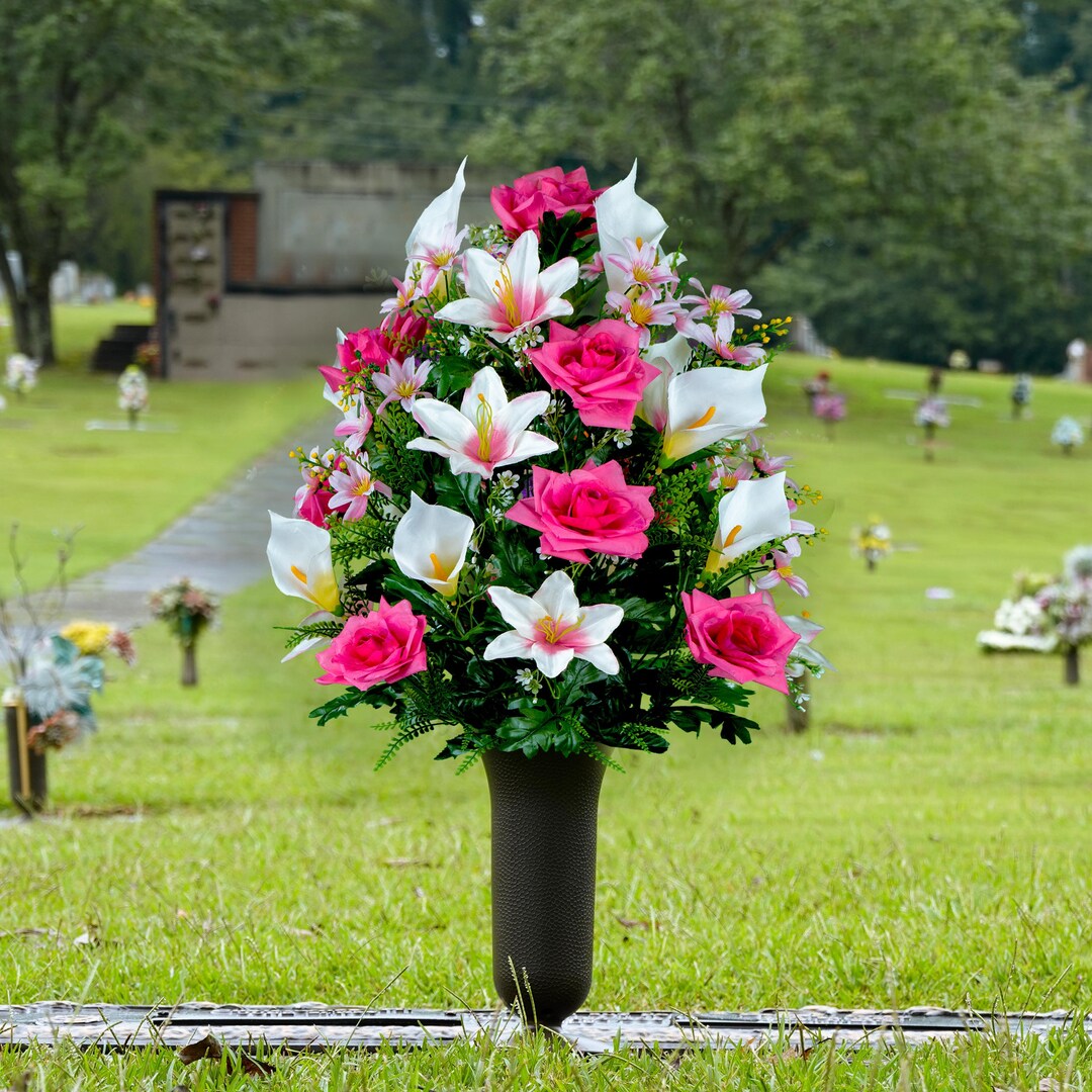 Pink Rose & Calla Lily Artificial Cemetery Flower Arrangement for Vase ...
