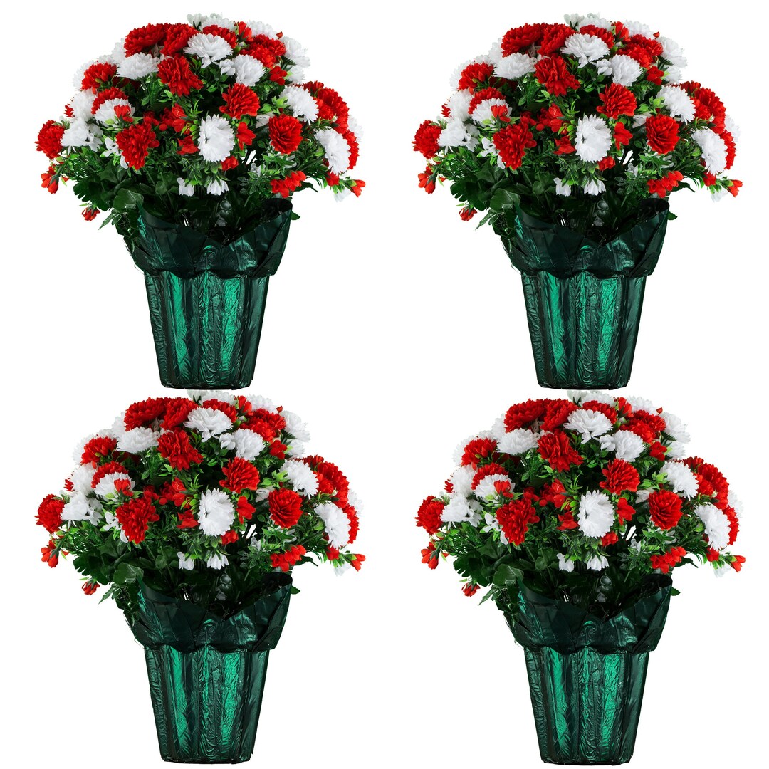 4 Pack of Artificial Garden Mum Plant in Green Flower Pot - Red and ...