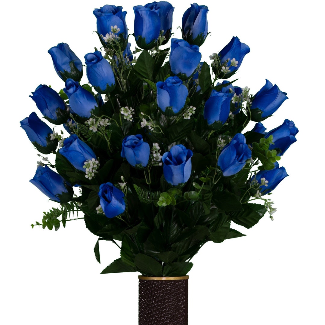 Blue Rose Buds Bouquet for Cemetery Vase Fathers Day Artificial Flowers ...