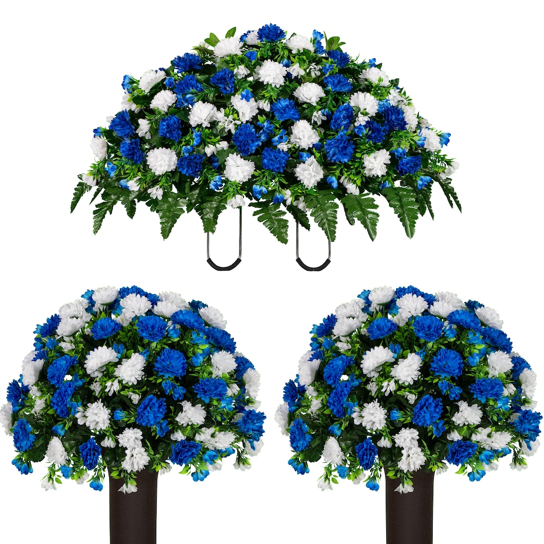 Blue and White Garden Mums Saddle and 2 Matching Flower Arrangements ...