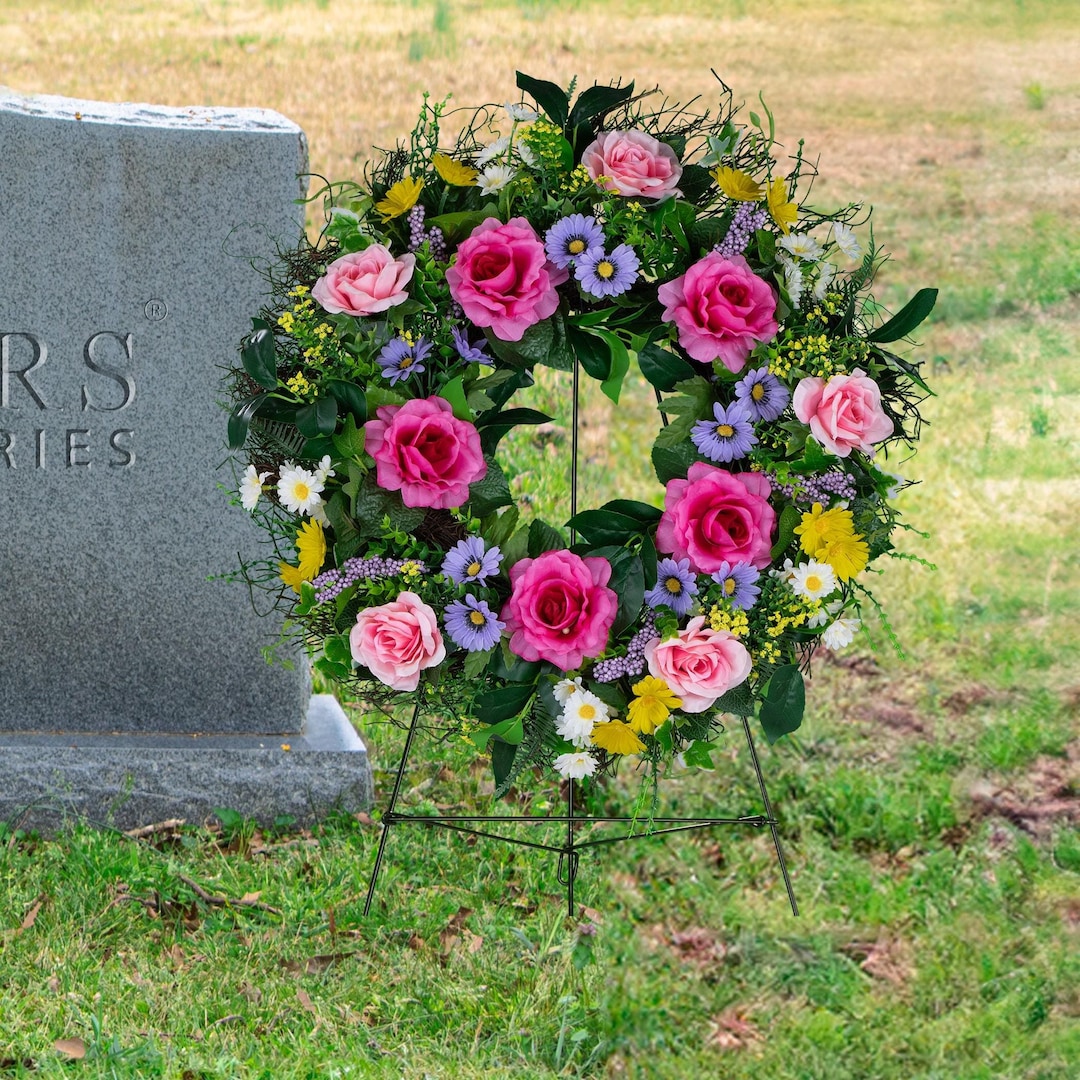 Cemetery Wreath - Pink Roses and Multi-colored Daisies Floral Grapevine ...
