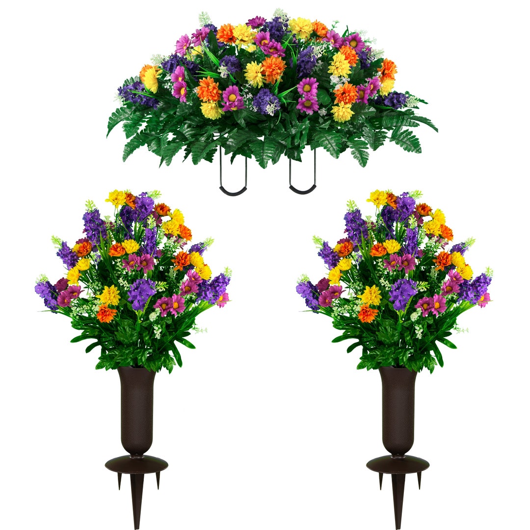 Spring Wildflower Cemetery Saddle and Matching Arrangements With Vases ...