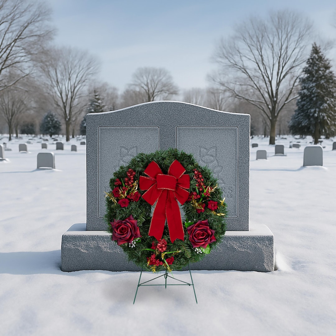 Artificial Christmas Rose Wreath With Bow on Metal Stand - Cemetery ...