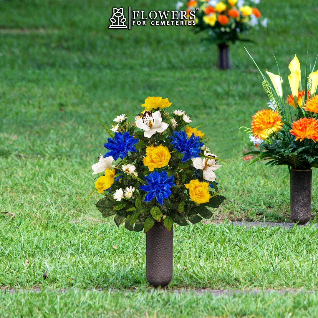 Blue Yellow and White Cemetery Arrangement for Vase - Spring and Summer ...