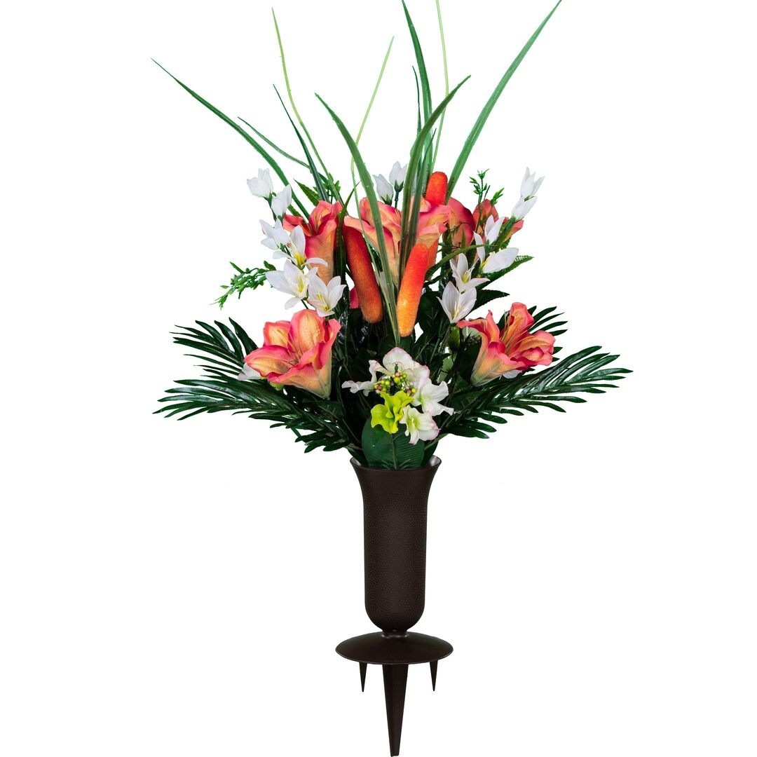 Coral Amaryllis and Orange Cattail Arrangement With Sympathy Silks Vase ...