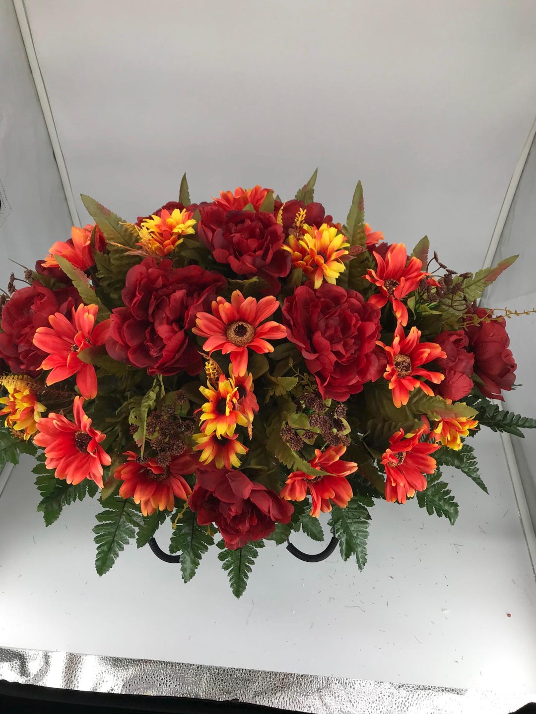 Burgundy Peony and Orange Daisy Fall Cemetery Saddle - Fall Flowers ...