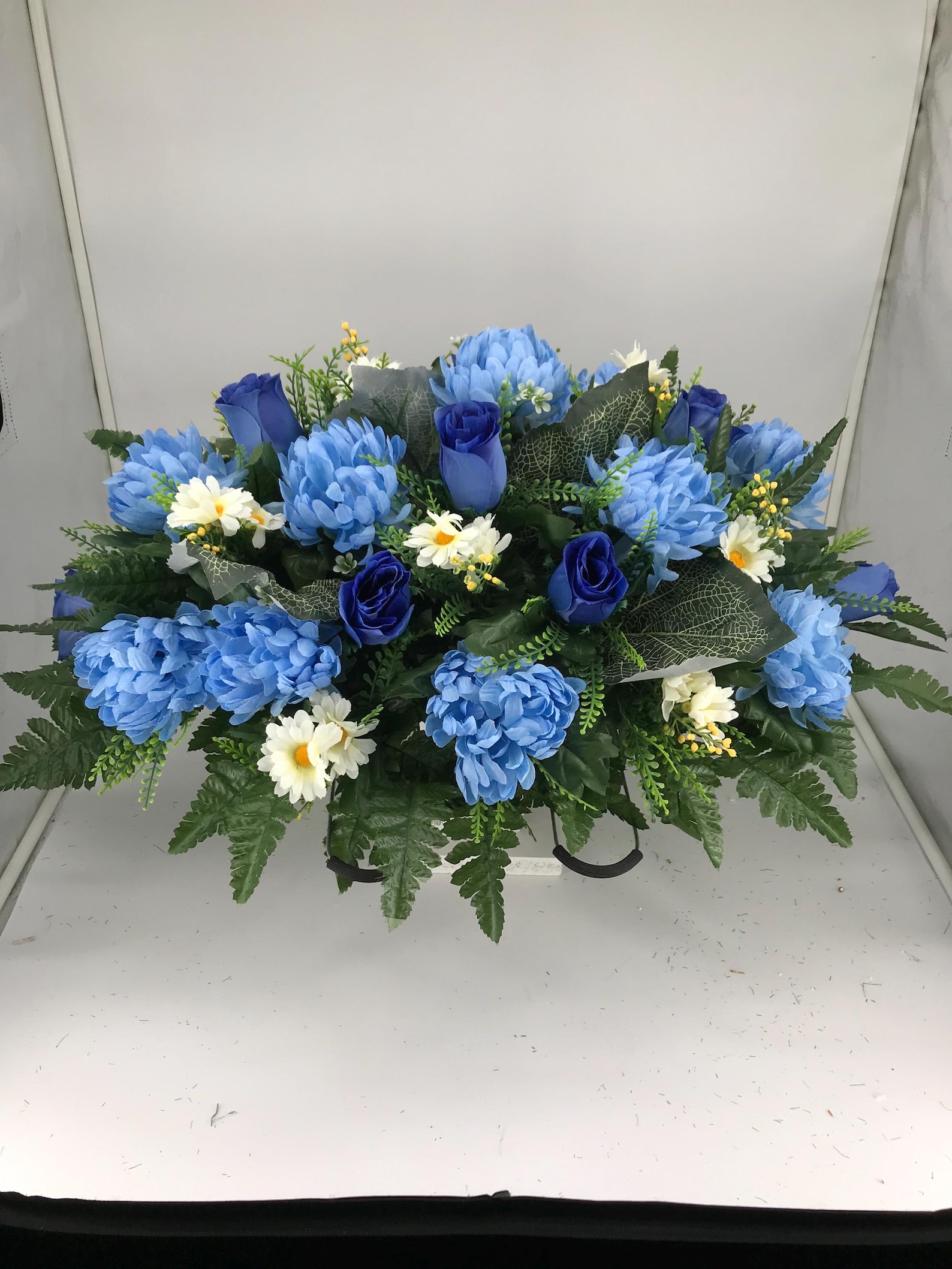 Blue Mums and Roses Cemetery Saddle - Dark & Light Blue Flower ...