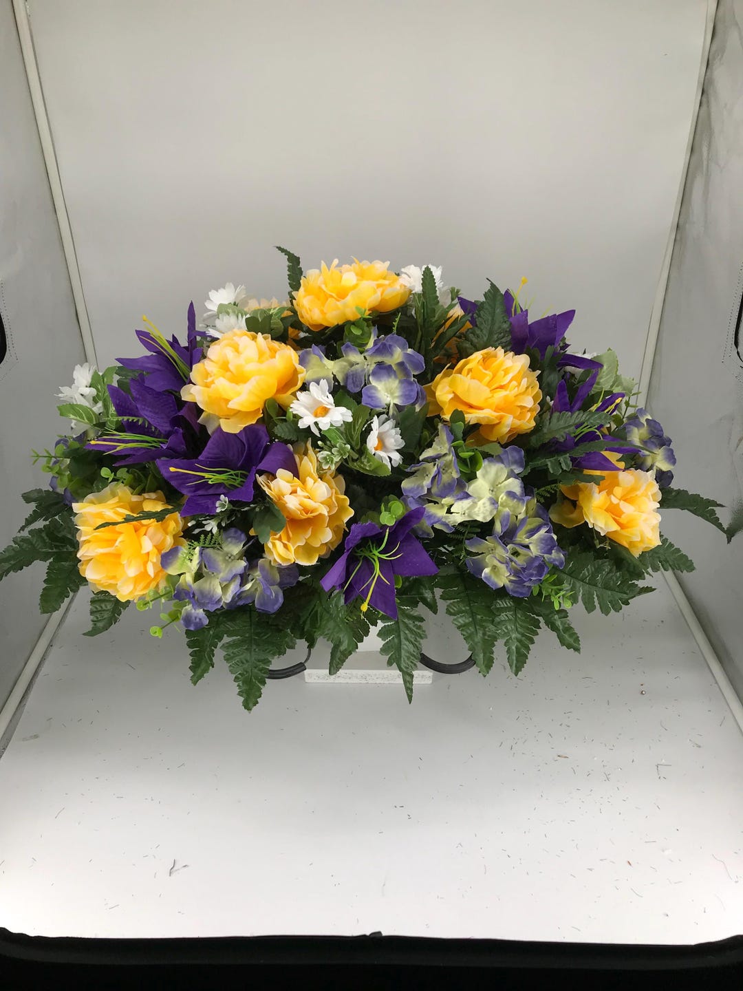 Yellow Peony and Purple Lily Cemetery Saddle - Summer Headstone Saddle ...