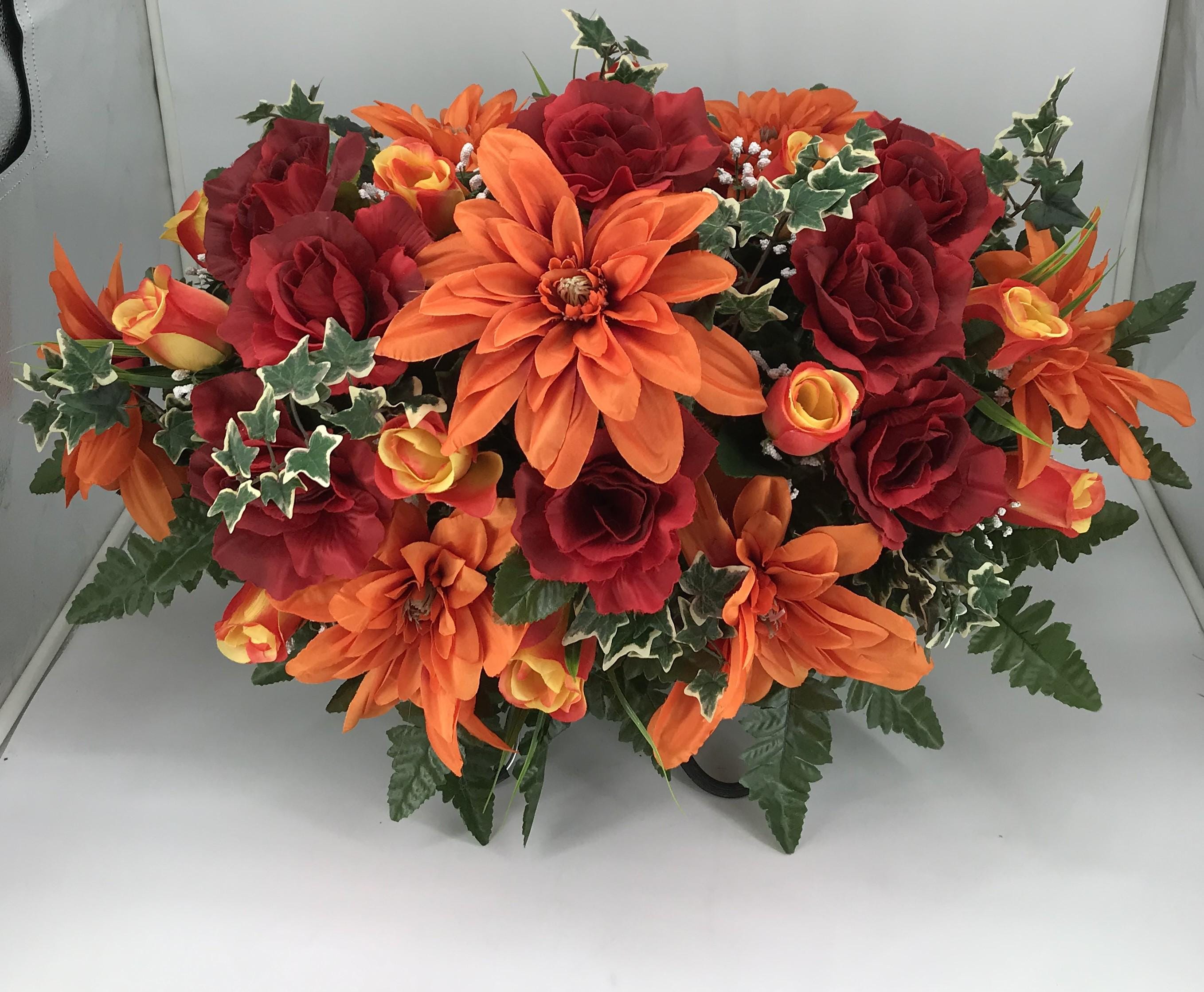 Orange Dahlias and Burgundy Roses Fall Cemetery Saddle - Fall Monument ...